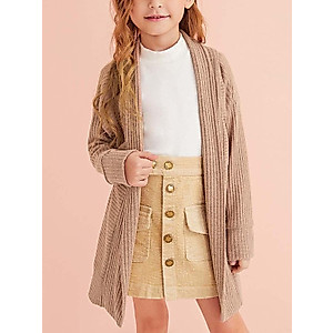 Cutoluca Toddler Baby Girl Knitted Sweater Long Sleeve Cardigan Open Front Coats Fall Winter Kids Solid Long Jacket (Khaki, 6-7 Years)