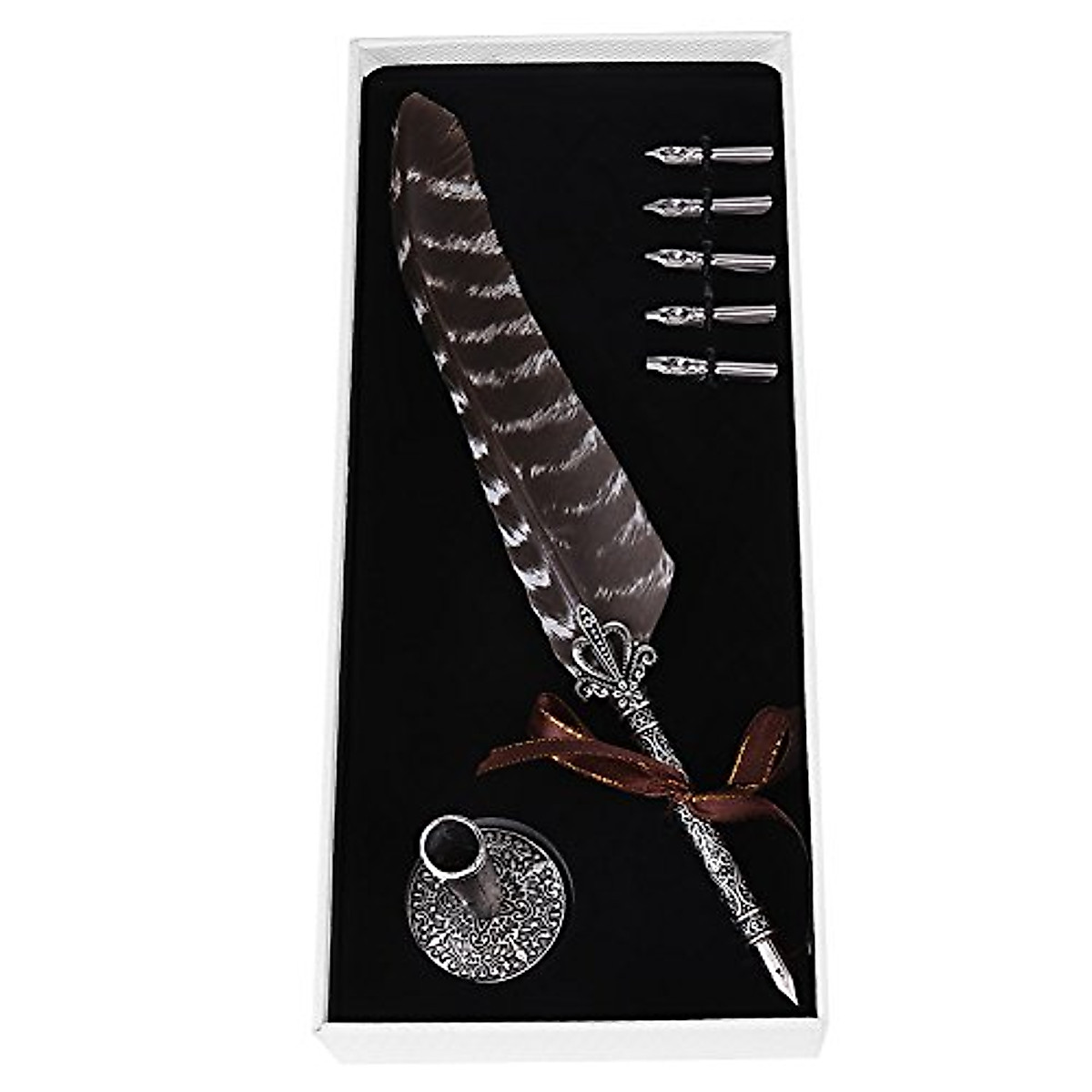 Feather Quill Pen Set, English Calligraphy Feather Dip Pen Gift Box with 5 Extra Nibs Europeanism Vintage Quill Signature Pen with Pen Holder Writing Stationery Business Office Supplies(#3) Pens