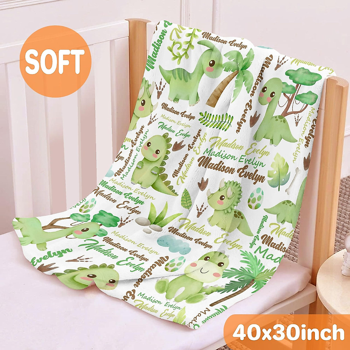 Personalized Baby Name Blanket Dinosaurs Gift for Baby Boys Girls Soft Flannel Newborns Throw Comfy Cozy Fleece Custom Kids Blanket Gifts for Toddler Nursery Birthday Christmas-30 x40