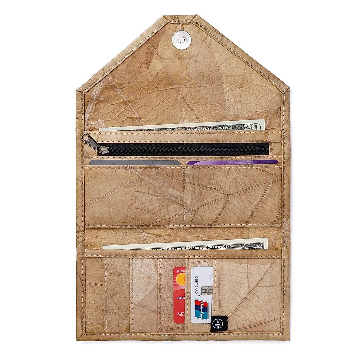 Tree Tribe Leaf Leather Envelope Clutch Wallet - Handmade Womens Purse, Pockets, Zip Pouch - Beige/Natural Color