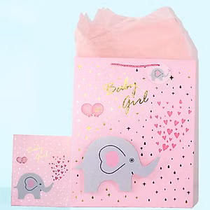 CUTERUI GIFTED 16.5" Extra Large Girl Gift Bags with 3D Elephant Patch for Baby Shower with Tissue Paper and Greeting Card (Pink Baby Girl)