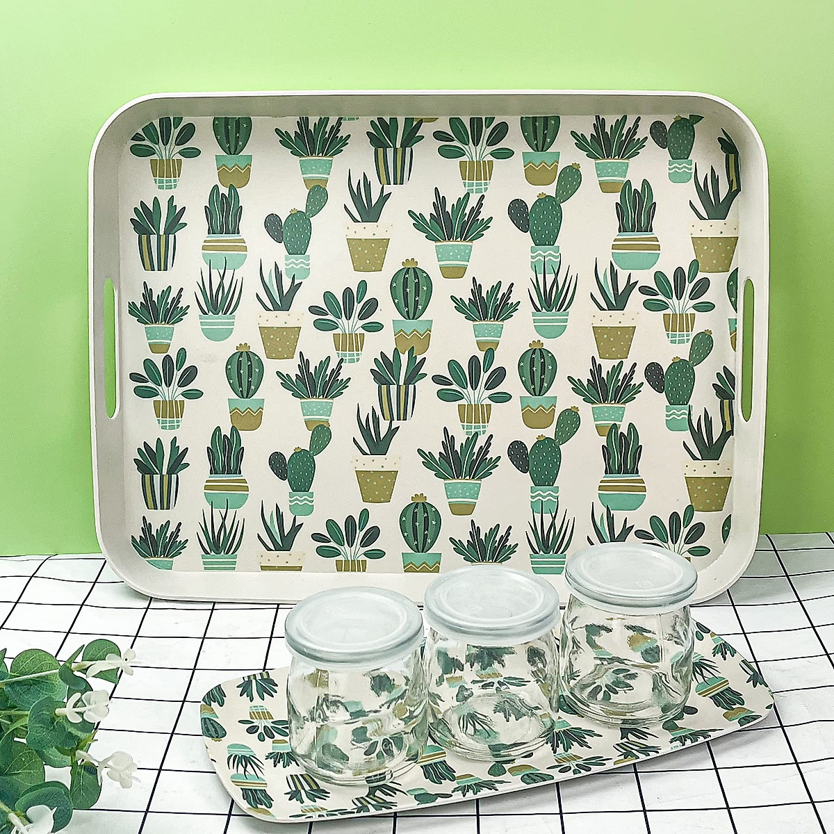Finorder Serving Trays, Bamboo Fiber Tray with Handles, 16" x 12" Decorative Tray Great for Eating, Tea, Bar, Breakfast or Any Food Tray, Green Cactus Prints