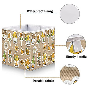 Kigai Sunflowers Gnome Storage Bins Rectangular Foldable Storage Baskets Bin Waterproof Home Organizer with Handles Basket for Toy Nursery Blanket Clothes, 15.8x10.6x7 Inch