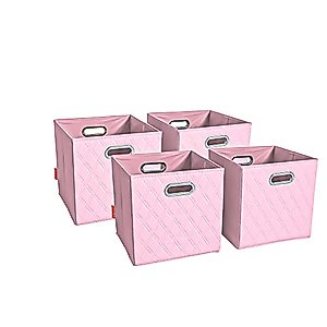 JIAessentials Small 12-inch Pink Foldable Diamond Patterned Faux Leather Storage Cube Bins Set of Four with Handles with Dual Handles for living room, bedroom and office storage