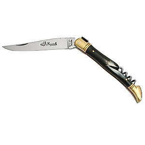 Laguiole pocket knife with Black Horn handle and brass bolsters, corkscrew - Direct from France
