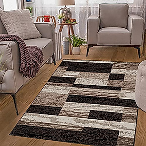 SUPERIOR Indoor Runner Rug, Jute Backed, Modern Geometric Patchwork Floor Decor for Bedroom, Office, Living Room, Entryway, Hardwood Floors, Rockwood Collection - 4ft x 6ft, Chocolate