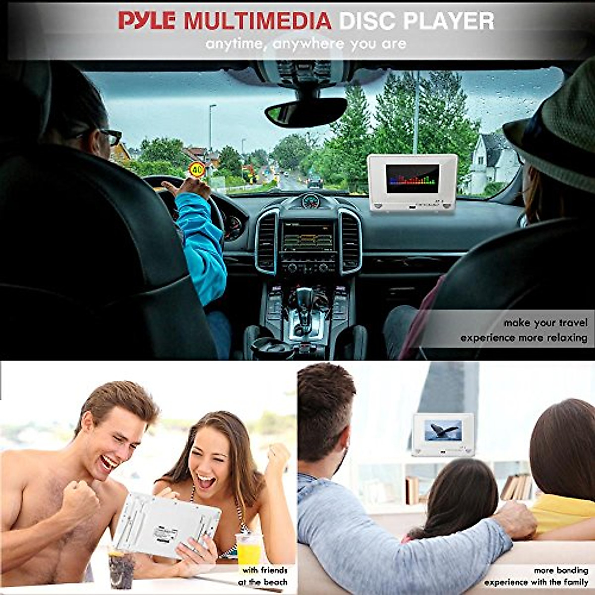 Pyle Portable Waterproof Multimedia Disc Player - 7in Screen White Digital Music Audio Video Player w/ Dual Stereo Speakers, CD DVD Tray, RCA, USB, Rechargeable Battery, Headphones, Remote PLMRDV74
