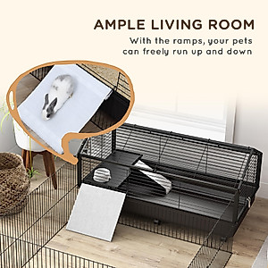 PawHut Small Animal Cage with Foldable Run Area, Rolling Bunny Cage, Guinea Pig Cage, Hedgehog Cage with Water Bottle, Water Bowl, and Ramps, 46.5"