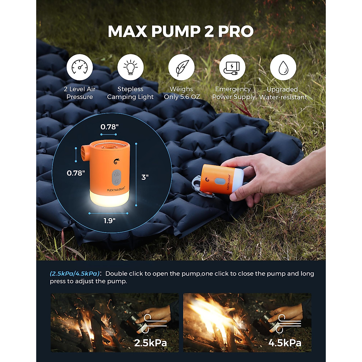 FLEXTAILGEAR Portable Air Mattress Pump MP2 Pro Electric Rechargeable Battery Ultralight Inflator with Led Light for Pool Floats Boats Sleeping Pads Inflatable Toys (Orange)