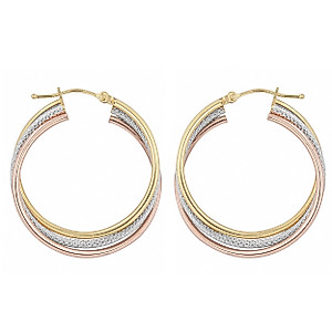 Kooljewelry 10k Tri-color Gold High Polish Textured Overlapping Triple Hoop Earrings