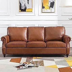 Dreamsir 79'' Traditional Faux Leather Sofa Couch with Nailhead Trim, Classic Rolled Arm Sofa with 3-Seater for Living Room, Bedroom, Apartment, Easy Assembly (Brown)