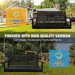 Wooden Porch Swing, Ergonomic Seat, Bench Swing with Hanging Chains and 7mm Springs, Heavy Duty 880 LBS, for Outdoor Patio Garden Yard (Black, 2-Seater Extra Large)