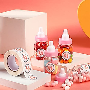 48 Pieces 1.5 x 3.5 Inch Baby Shower Mini Milk Bottle with 500 Adhesive Thank You for Showering Stickers, Small Pink Baby Shower Bottle Plastic Fillable Gift Boxes DIY Baby Shower Party Favor