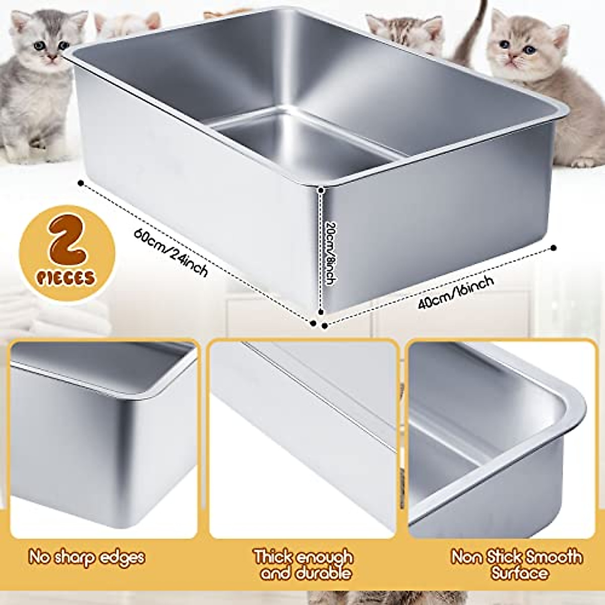 2 Set Stainless Steel Litter Box for Cat with 2 Pcs Cat Litter Scoops 15 Pcs Non Slip Rubber Feet Non Stick Smooth Bunny Litter Box High Sided Litter Box Litter Scooper with Holder (24 x 16 x 8 In)