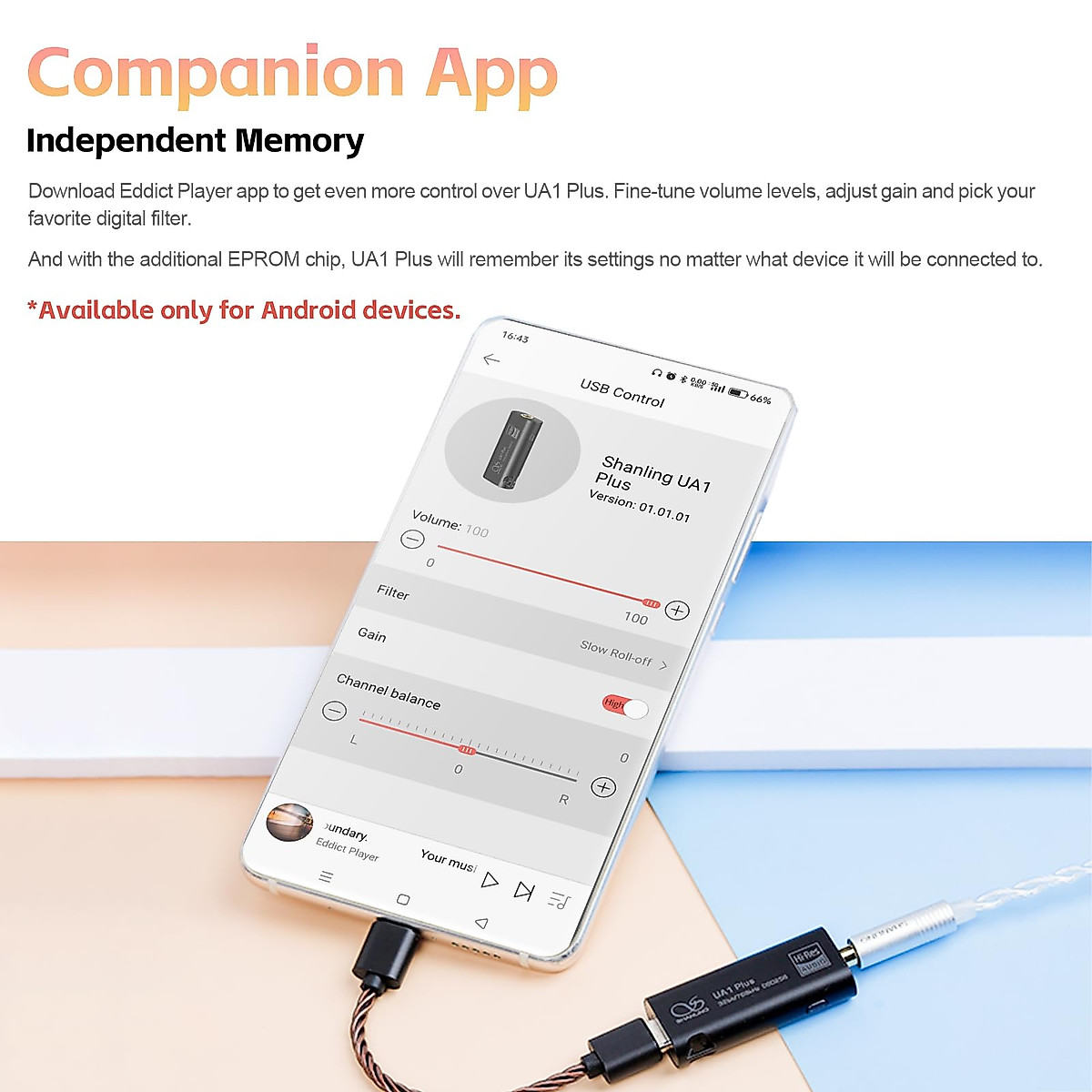 SHANLING UA1 Plus Headphone Amplifier, Portable USB DAC/AMP,Dual 43131 DAC,CT701 USB Receive Chip,Support Up to 768kHZ/32bit,DSD256,80mW@32Ω Output,Android app Control (Black)
