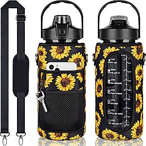 Half Gallon Water Bottle with Storage Sleeve BPA Free 64 OZ Water Bottle with Removable Straw & Time Marker to Drink Leakproof Reusable Gym Sport Water Jug Motivational Workout Water Bottle Women Men