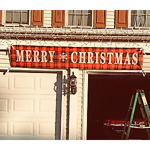 Large Merry Christmas Banner, Red Buffalo Plaid Yard Christmas Banner, Christmas Decorations for Outdoor Indoor, Xmas Party Decoration Supplies (9.8 x 1.6 feet)