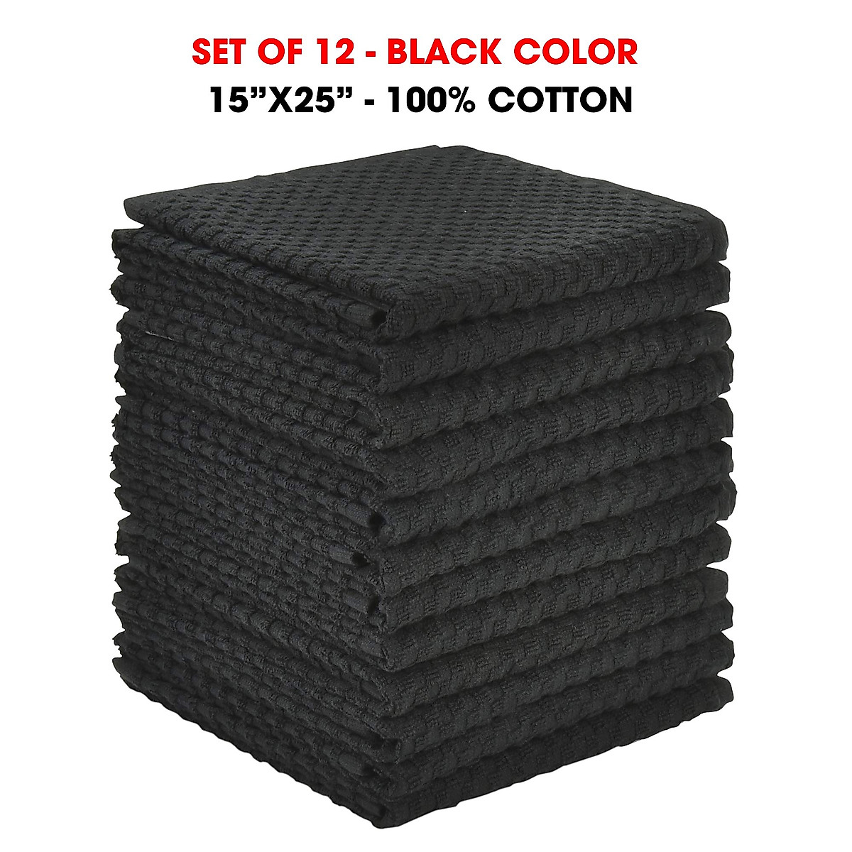 TALVANIA Kitchen Dish Towels, 100% Cotton Dish Cloths Dobby Weave, 12 Pack Soft and Absorbent Multipurpose Terry Towel Set, Hand Towel, Cleaning Cloth 15” X 25” Machine Washable Black