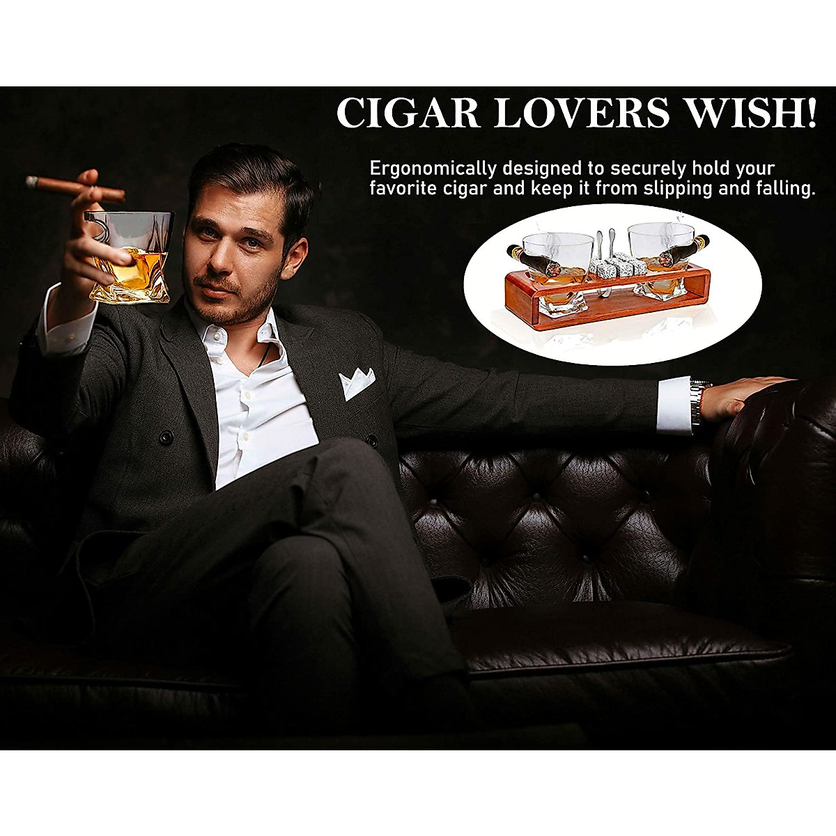 Bezrat Old Fashioned Cigar Whiskey Glasses With Side Mounted Cigar Rest Gift Set + Whisky Chilling Stones and accessories on Wooden Tray - Scotch Bourbon Glasses – Christmas Holiday Gift