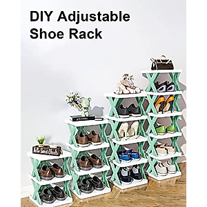 6 Tier Narrow Shoe Rack, Small Vertical Shoe Stand, Space Saving DIY Free Standing Shoes Storage Organizer for Entryway, Closet, Hallway, Easy Assembly and Stable in Structure, White and Green