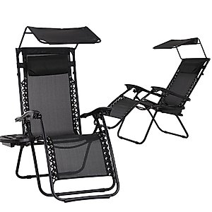 FDW 2 PCS Zero Gravity Chair Lounge Chairs Patio Chairs with Canopy Cup Holder for Outdoor Patio Seaside (Black)