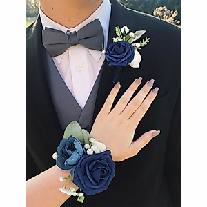 Rinlong Navy Blue Rose Corsage and Boutonniere Set for Men Wedding Homecoming Prom