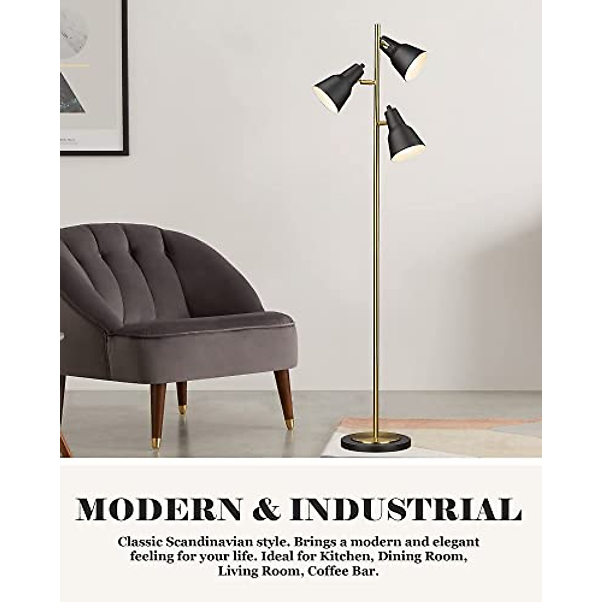 ELYONA Gold Tree Floor Lamp with 3 Adjustable Rotating Lights, Industrial Tall Pole Metal Standing Lights with 3 LED Bulbs for Living Room,Bedroom,Farmhouse,Office,Hotel, Vintage Brushed Brass & Black