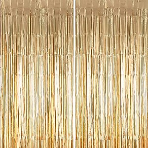 2 Pack 3.3 ft x 9.8 ft Foil Curtains Metallic Fringe Curtains Shimmer Curtain Photo Backdrop for Halloween Christmas Birthday Party Wedding Deco (Pale Gold)