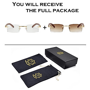 Heptagram Rectangle Fashion Rimless Sunglasses for Women Men Gangster 90s Frameless Shades Retro Vintage Trendy Eyewear (2 PCS-Brown+Transparent)