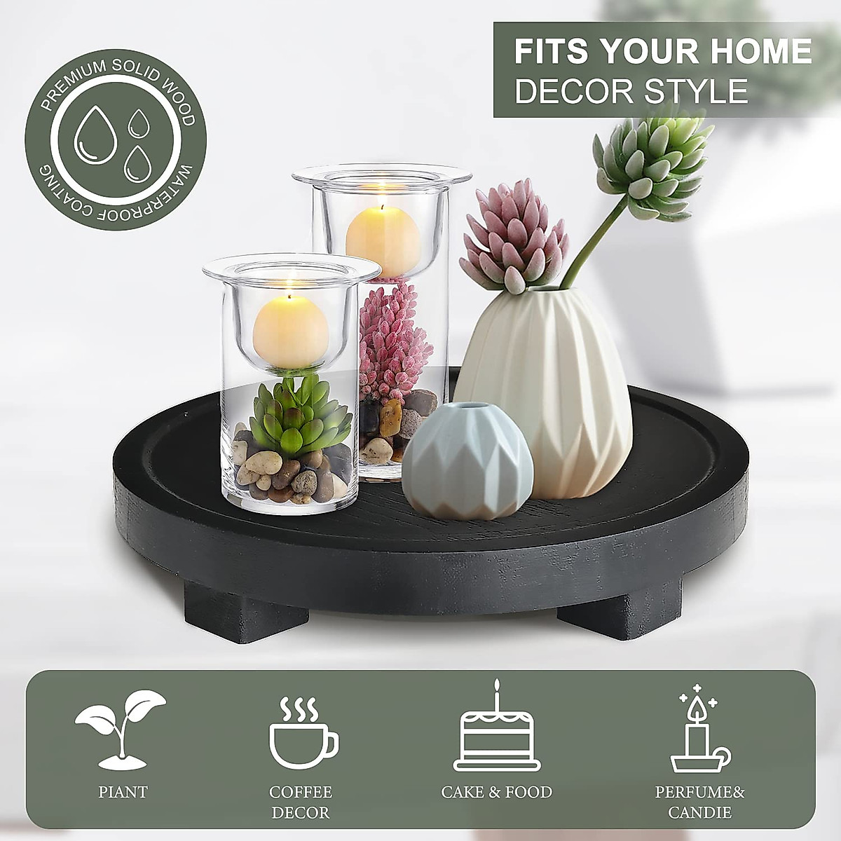 Black Decorative Tray Stand for Bathroom Decor, Wood Tray Risers for Display, Round Serving Tray for Kitchen Decor, Black Tray Soap Holder for Bathroom Counter Organizer