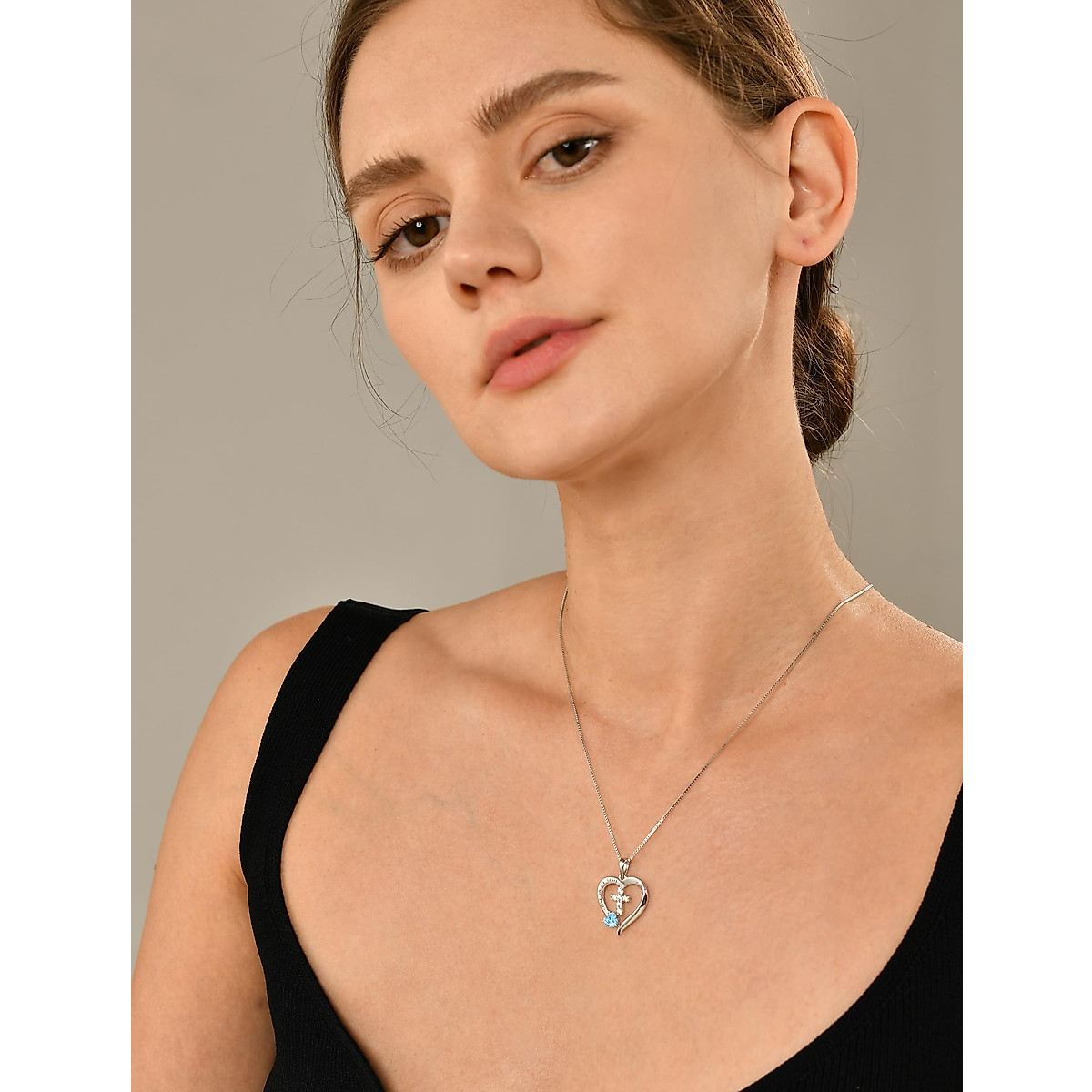 YL Women's Heart Cross Necklace 925 Sterling Silver Created Aquamarine God in my heart'' Pendant Crucifix Jewelry