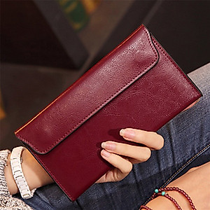 NIGEDU Women Long Wallet Genuine Cowhide Leather Cards Holder Clutch Purse Phone Bag (Wine Red)