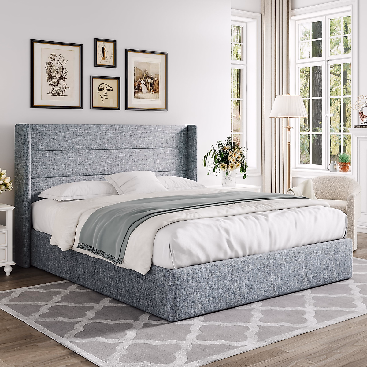 Allewie Full Size Lift Up Storage Bed, Modern Wingback Headboard, Hydraulic Support, No Box Spring Needed, Grey Blue