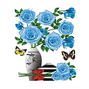 ZIANBELL Magic DIY 3D Removable Wall Stickers Flowers and Vase Theme Art Wall Decals Stereo Superposition Flower Stickers for Living Room Bedroom Bathroom Children's Room, Pale Blue Rose