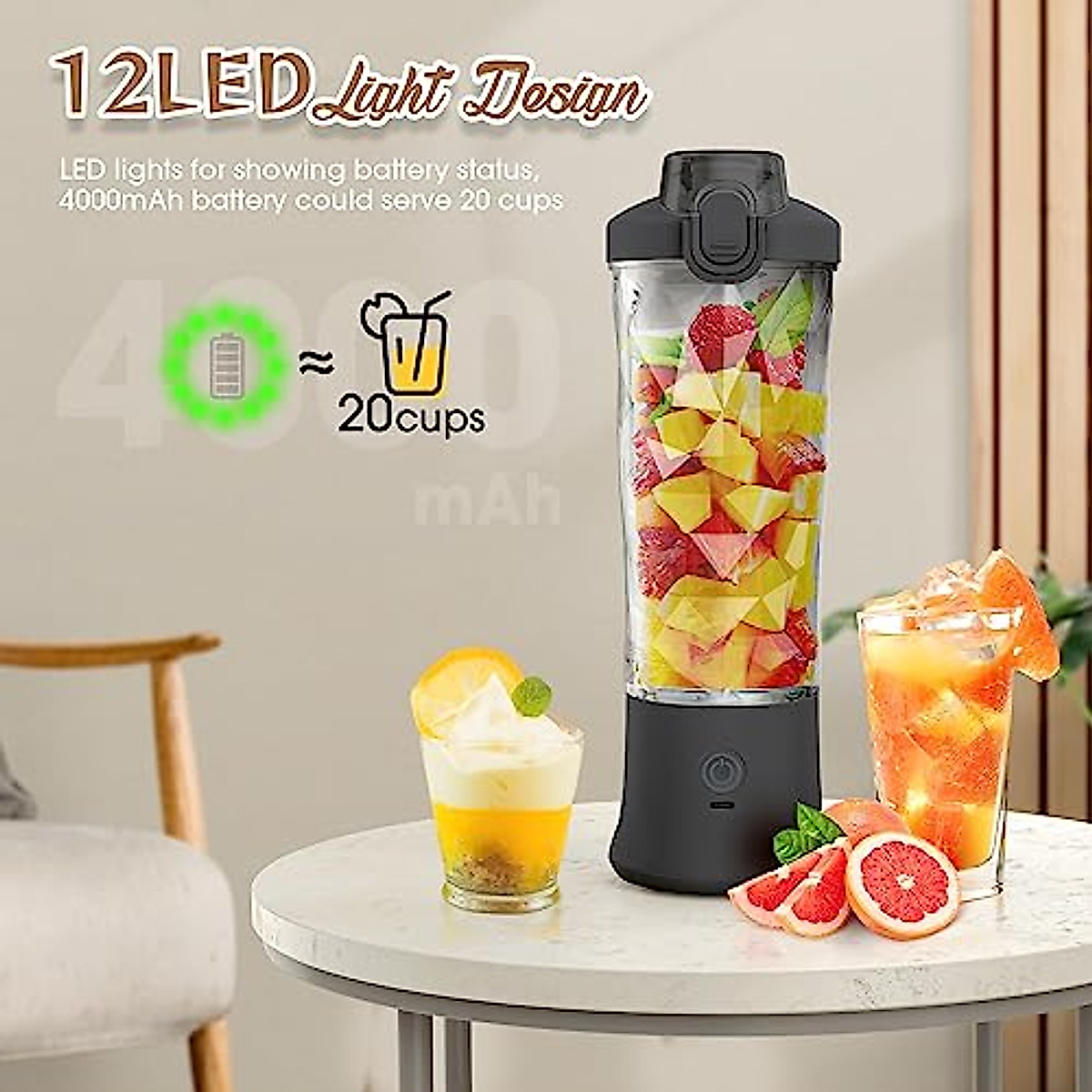 Portable Blender, Personal Blender for Shakes and Smoothies, 20 Oz Mini Smoothies Blender to Go, USB Rechargeable Blender Cup with Travel Lid for Home, Office, Travel