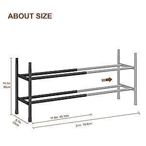 FANHAO 2-Tier Expandable Shoe Rack, Stackable and Adjustable Shoes Organizer Storage Shelf for Closet Entryway, 100% Stainless Steel Sturdy Shoe Shelf, Matte Black