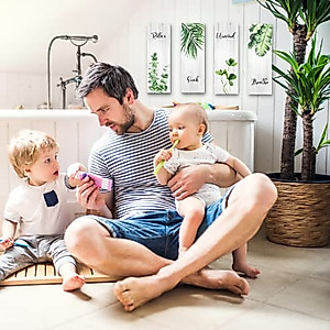 Creoate Bathroom Wall Decor 4 Pieces Relax Soak Unwind Breathe Sign Green Wall Decor with Botanical Leaf Art Print Set, Wood Plaque Hanging Decor for Bathroom Decor, Small 4 x 12 Inch x4pcs