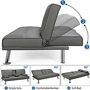 Futon Sofa Bed Modern Folding Couch for Small Space, Faux Leather Convertible Loveseat Sleeper Bed Daybed Recliner Lounge Sofas for Living Room,2 Cup Holders,Metal Legs,Removable Armrests (Gray)
