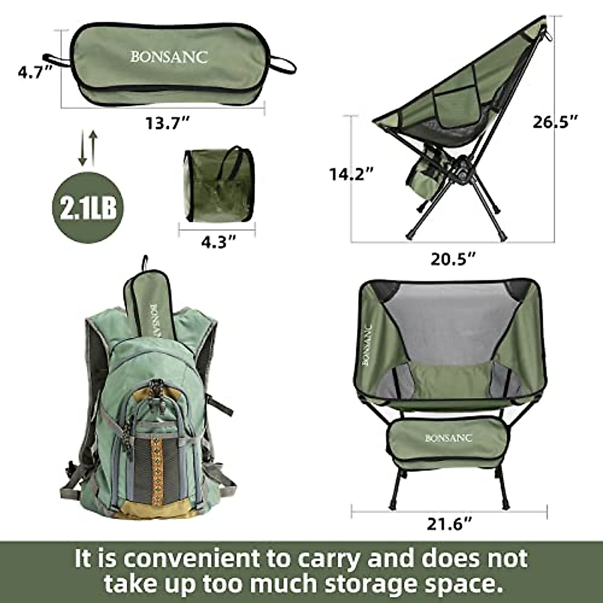Bonsanc Camping Chairs, Folding Backpacking Chair, Portable Ultralight Compact Small Camp Chair with Carry Bag for Outdoor Camping, Picnic, Hiking, Fishing (2 Pack, Green)