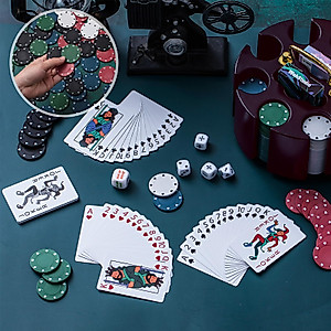 Wettarn Poker Chips Poker Set, 200 Count Rotating Poker Chip Case Wood Carousel Case Holder with 200 Pcs Chips and 2 Decks of Playing Cards for Casino Party Supplies Family Game Gambling Accessory