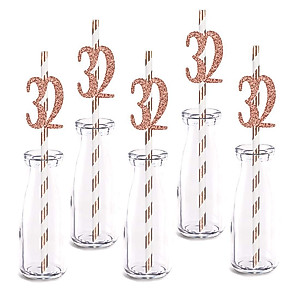 Rose Happy 32nd Birthday Straw Decor, Rose Gold Glitter 24pcs Cut-Out Number 32 Party Drinking Decorative Straws, Supplies