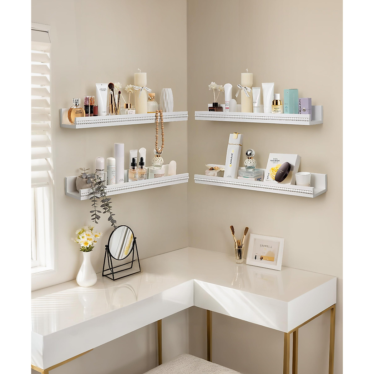 Mazjoaru White Floating Shelves 24 inch for Wall Set of 2, Long Floating Shelves Wall Book Shelf with Lip, Wall Mount Shelf with Wood Beads for Bedroom Bathroom Nursery Living Room