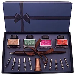 Satin Calligraphy Pen Set – Includes Wooden Dip Pen, Antique Brass Holder, 11 Nibs, 4 Ink Bottles