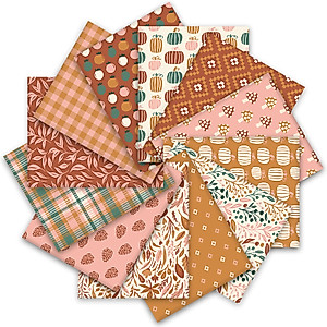 Whaline 12Pcs Boho Fall Cotton Fabric Bundles 10 x 10 Inch Autumn Fat Quarters Boho Sewing Fabrics for DIY Handmade Crafting Home Party Decor