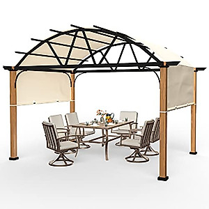 HAPPATIO 10' X 13' Outdoor Pergola with Sling Retractable Pergola Canopy，Wood-Like Aluminum Patio Pergola Shade for Patio, Backyard, Garden,Poolside