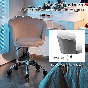 Giantex Kids Desk Chair, Comfy Home Office Task Chair with Wheels, Upholstered Velvet Seashell Back Vanity Chair, Cute Modern Computer Chair for Girls, Adjustable Swivel Rolling Arm Chair, Grey