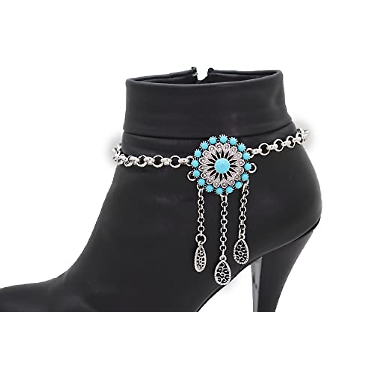 Women Western Fashion Jewelry Boot Bracelet Silver Metal Chain Shoe Anklet Turquoise Blue Beads Flower
