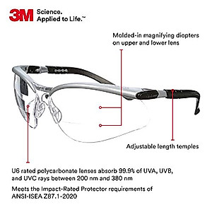 3M Safety Glasses, BX Dual Readers, +1.5, ANSI Z87, Anti-Fog Clear Lens, Gray/Black Frame, Adjustable Length Temples and Lens Angle