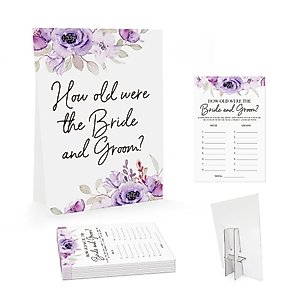 UHADRE Floral How Old were The Bride and Groom Game, Guess The Age Photo Game, Purple Bridal Shower Wedding Shower Game (1 Sign and 30 Cards)-BNG30