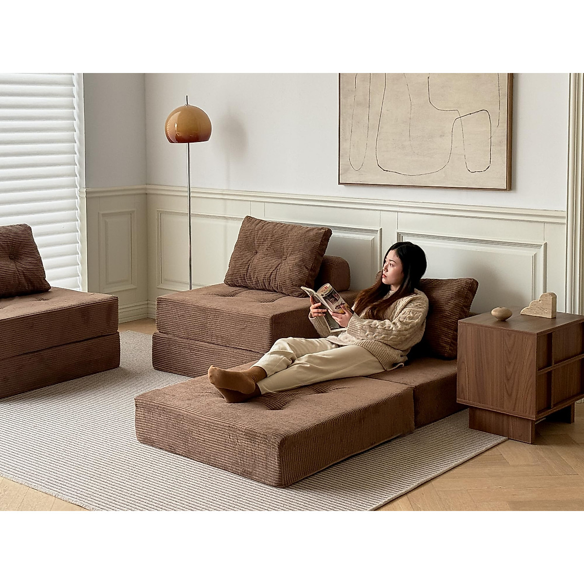 N&V Free Combination Convertible Folding Sofa Bed, Armless Foam Floor Sofa, Sleeper Floor Couch for Living Room and Bedroom Sleeper Chair with Pillow(Brown, 35 * 35 inch)